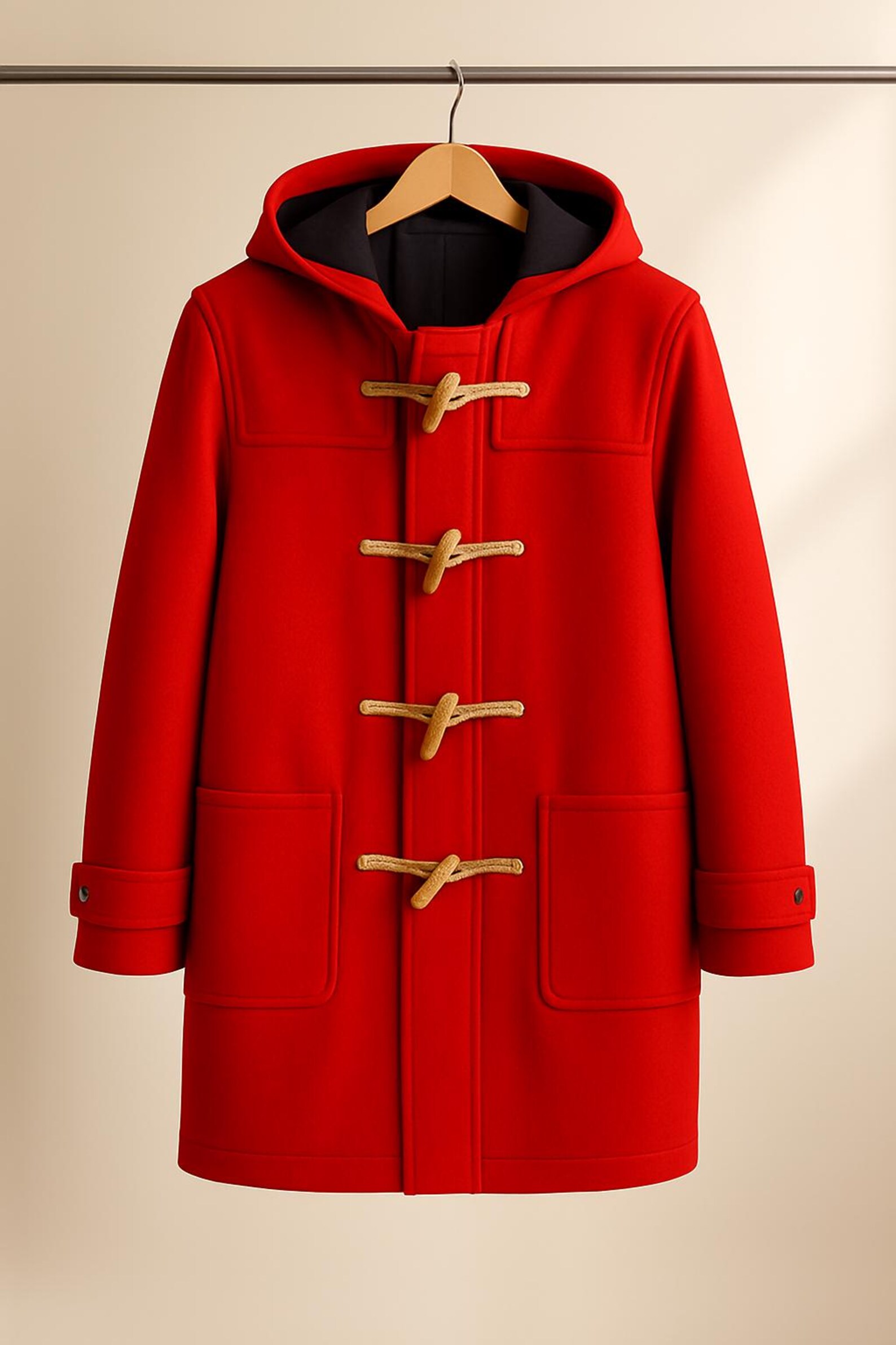 Classic Red Duffle Coat With Hood & Wooden Toggles – Winter Wool Jacket ...