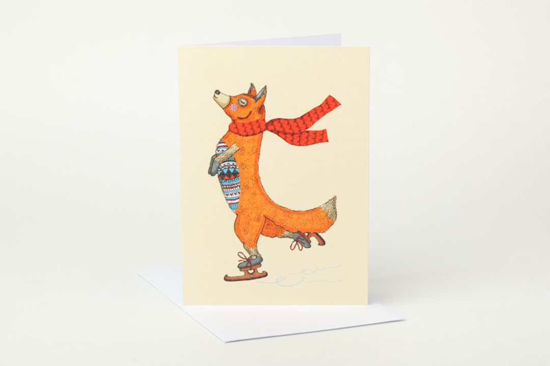 Ice Skating Fox Christmas Card - Etsy
