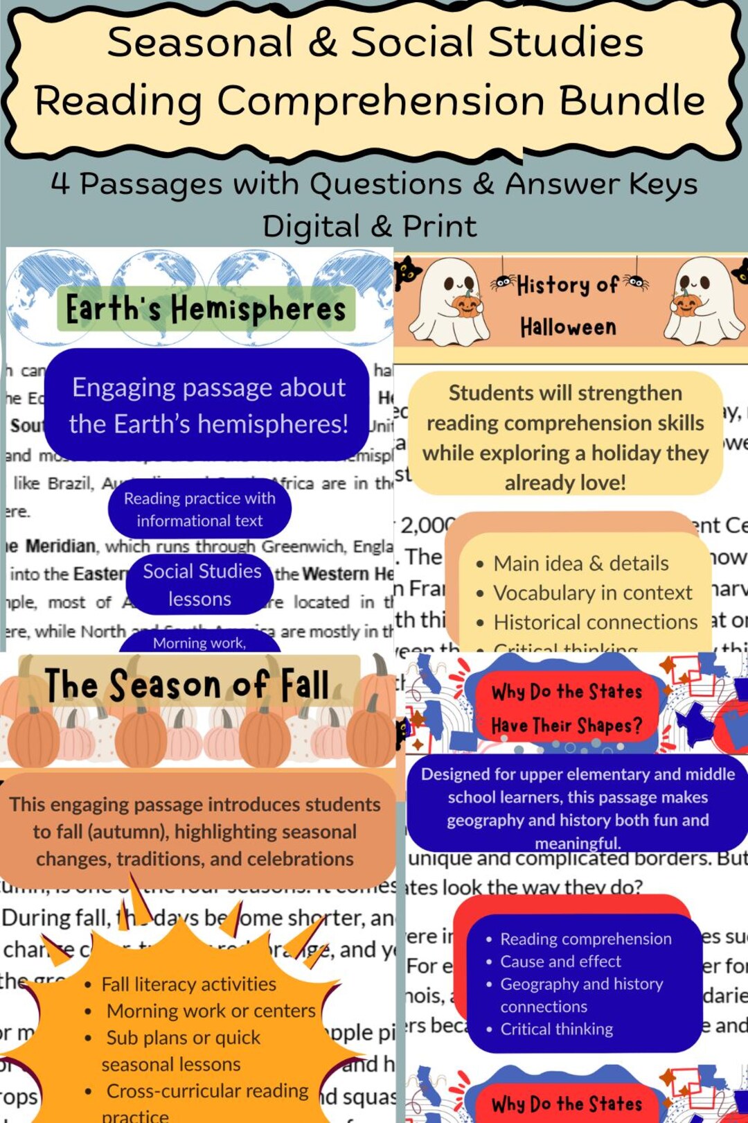 Seasonal Reading Comprehension Bundle – 4 Passages With Questions - Etsy