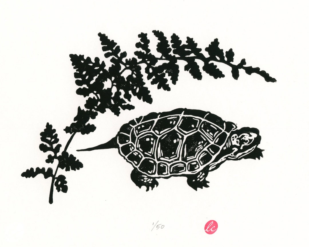 Turtle Relief Print Turtle and Fern Linocut Art Black and White ...