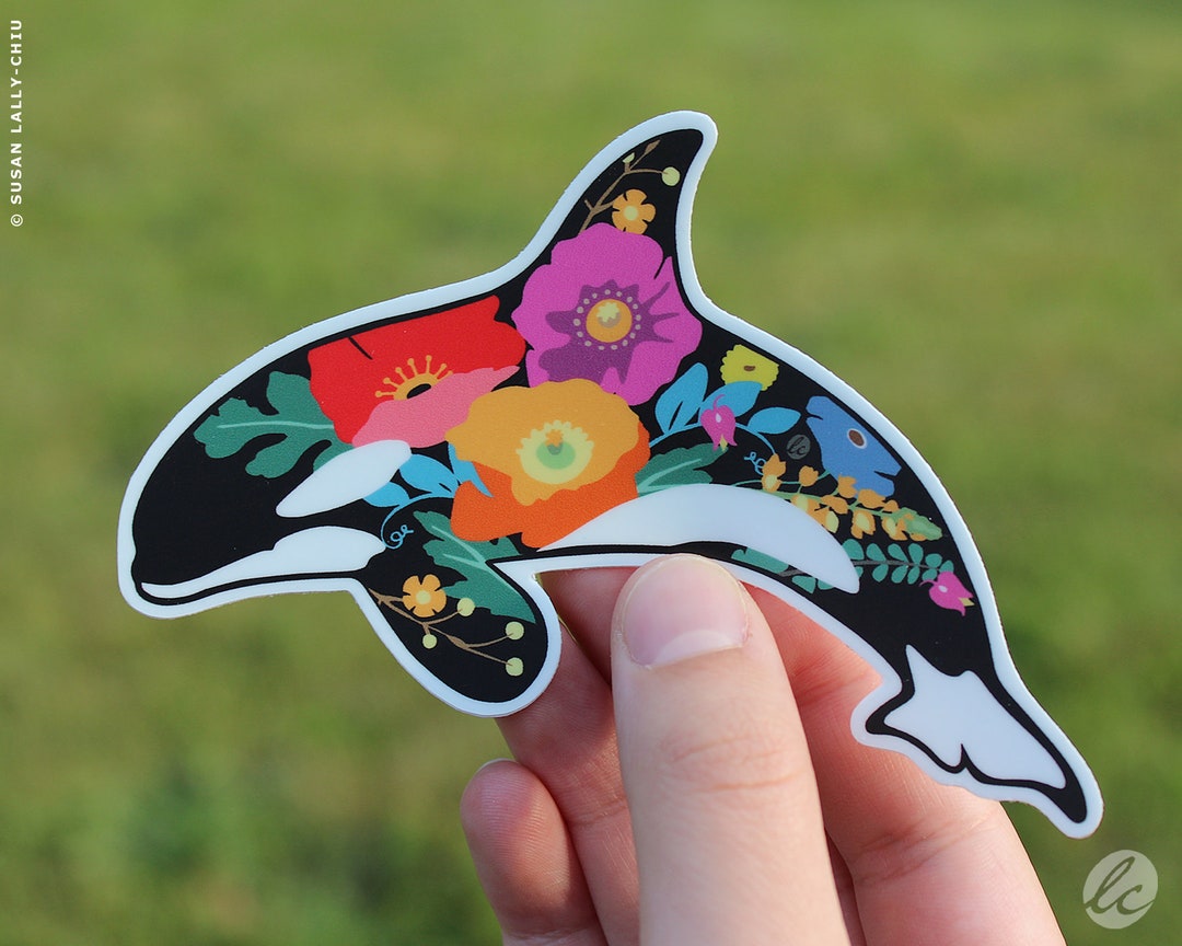 Orca and Wildflower Waterproof Sticker; Use on Water Bottle, Laptop or ...