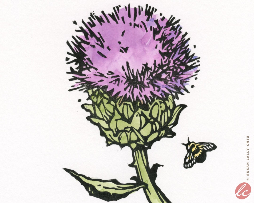Thistle Linocut Print With Watercolor Cardoon Art With Bumble Bee - Etsy