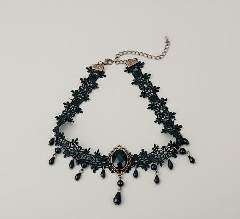 Black Lace Choker Necklace, Gothic Victorian Pendant, Beaded Collar ...