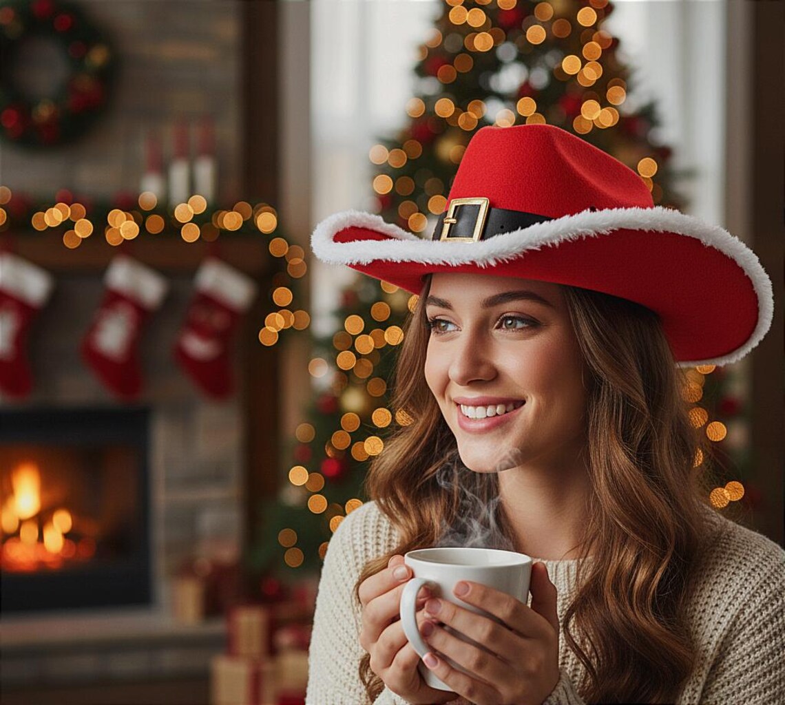 Santa Cowboy Hat / Red Christmas Western Hat / Holiday Fur Trim Hat ...