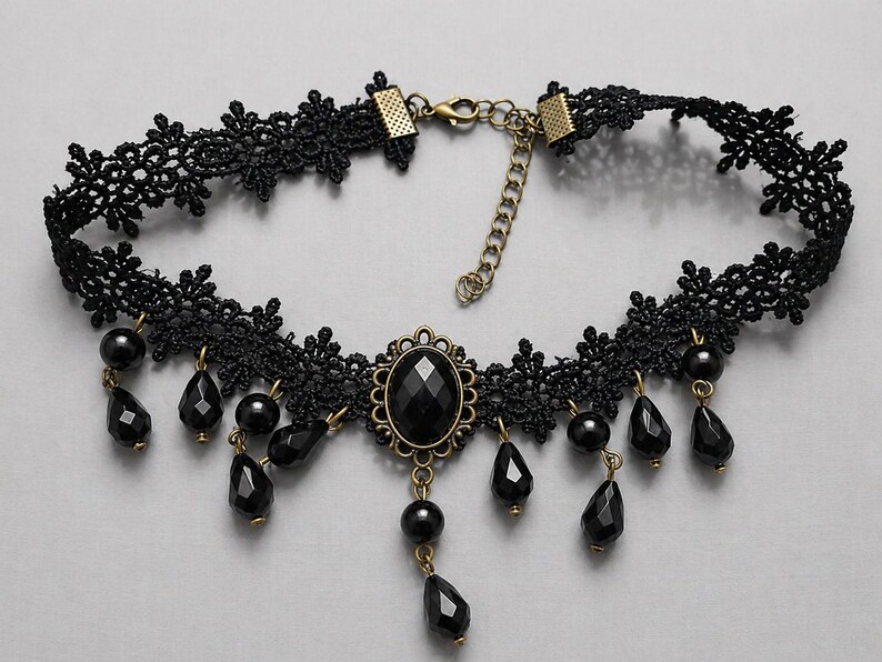 Black Lace Choker Necklace, Gothic Victorian Pendant, Beaded Collar ...