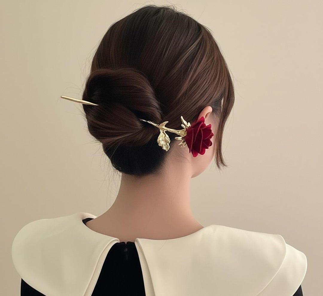 Velvet Red Rose Hair Pin, Gold Hanfu Hair Stick - Etsy