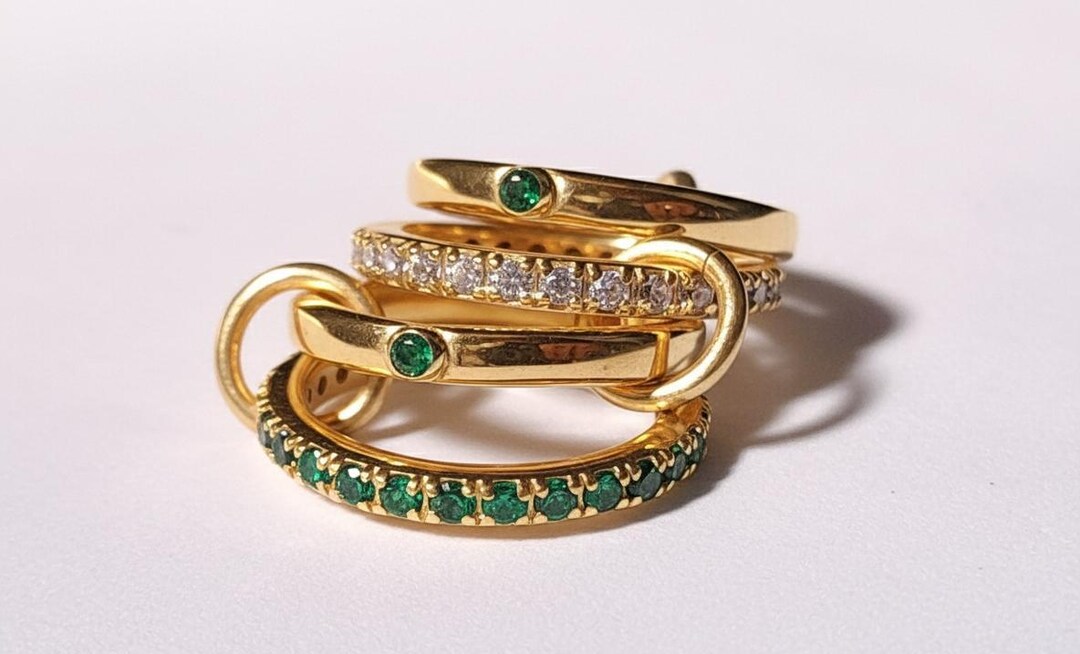 Emerald Green Stone Stacking Rings • Four-piece CZ Cluster Set • Silver ...
