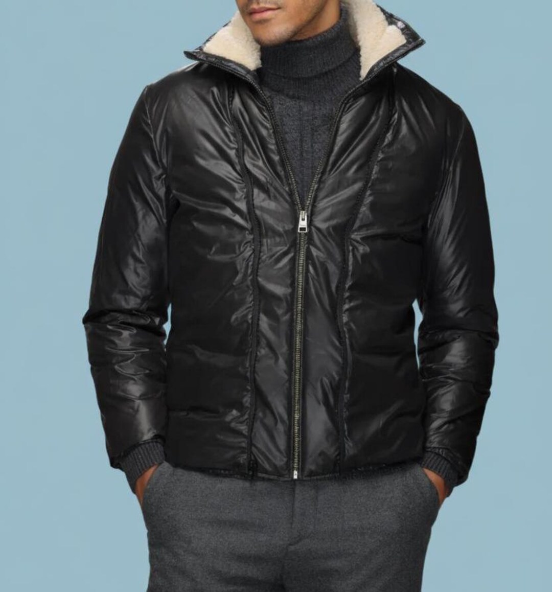 Aviator Black Leather Jacket Men Real Lamb Fur Bombardier Style Pilot ...