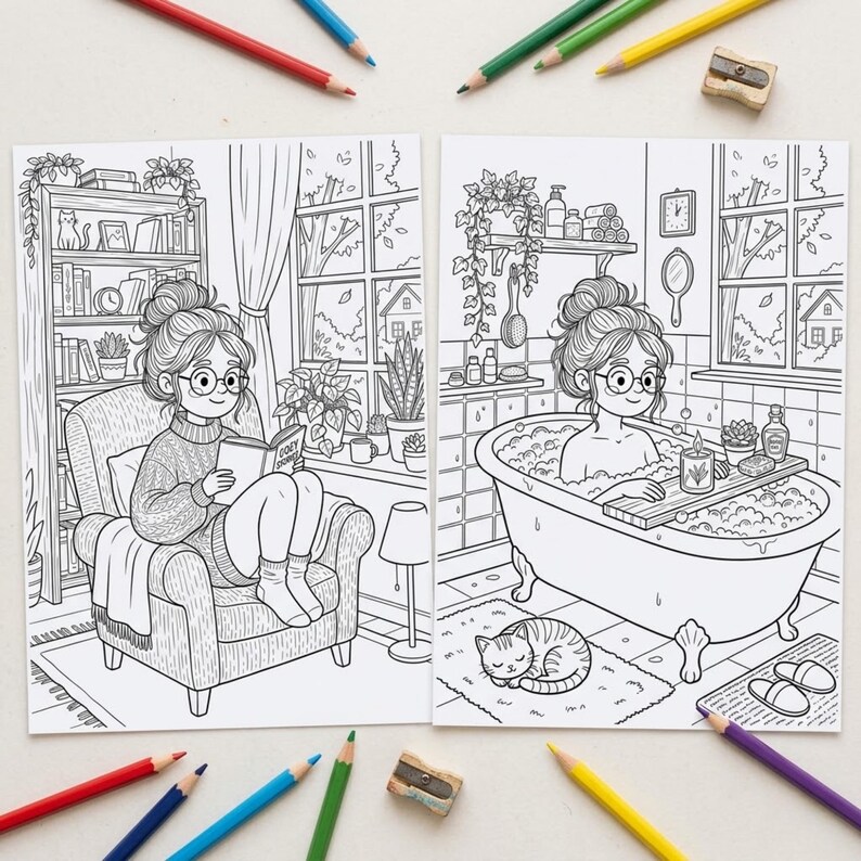 Cozy Girl Coloring Book for Adults and Teens | Cute Hygge Girl Coloring ...