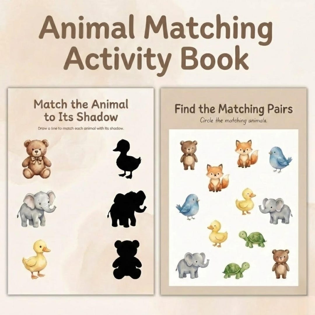 Animal Matching Game Kids Activity Book Printable Matching Skills and ...