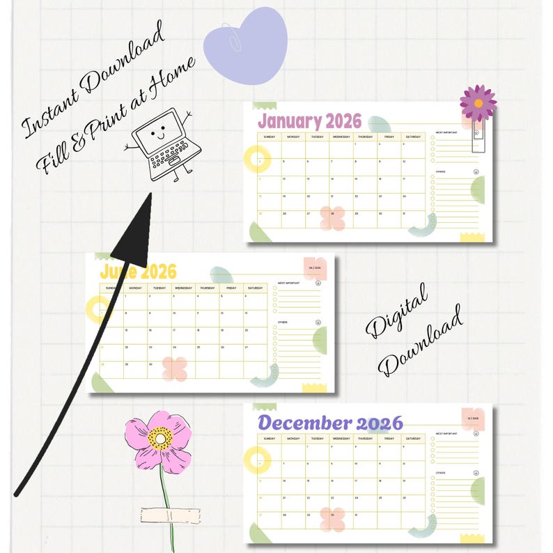 2026 Monthly Calendar Printable | Aesthetic Planner (PDF) - Etsy