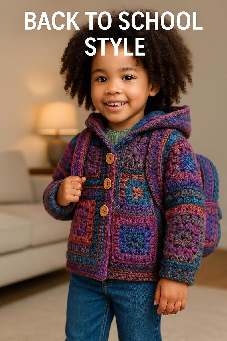 Crochet Granny Square Hoodie With Backpack: Colorful Boho Kids Sweater ...