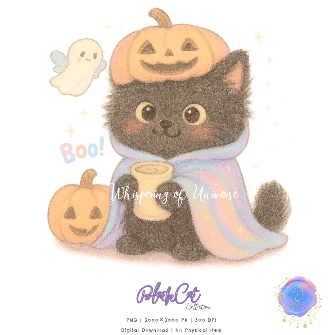 Halloween Black Cat PNG | Cozy Kawaii Cat With Pumpkin & Ghost | Cute ...
