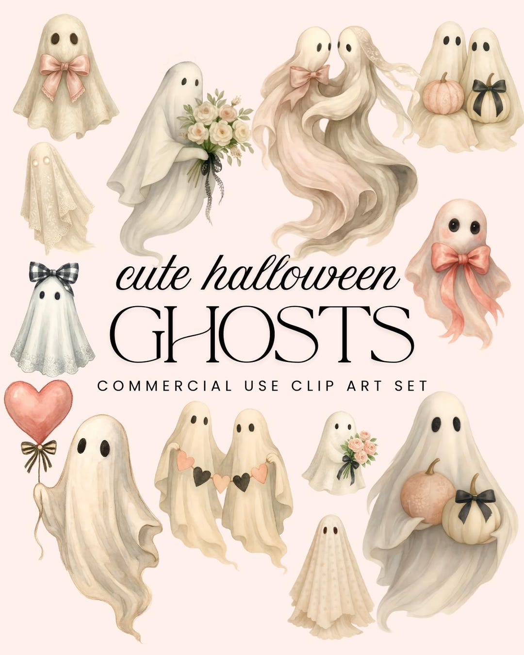 Halloween Cute Ghosts Watercolor DIGITAL DOWNLOAD Png Clip Art Set ...