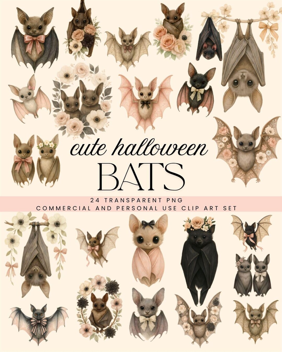 Whimsical Halloween Bat Clipart Bundle: Watercolor Floral Bow PNG ...