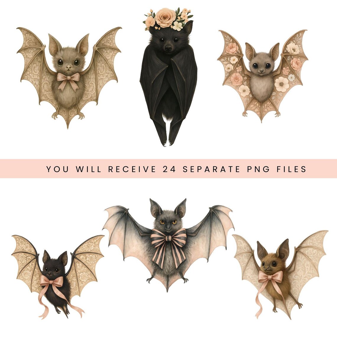 Whimsical Halloween Bat Clipart Bundle: Watercolor Floral Bow PNG ...