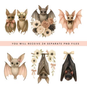 Whimsical Halloween Bat Clipart Bundle: Watercolor Floral Bow PNG ...