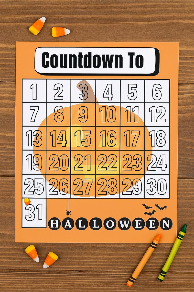 Halloween Countdown Coloring Calendar Printable | 31 Day October ...