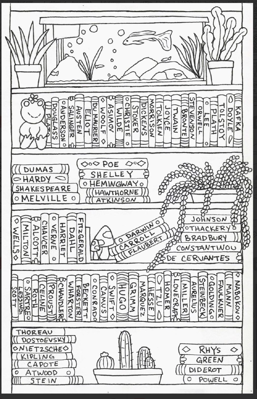 Bookshelf Coloring Page Fish Tank Booktok Classics Hand Drawn Sketch ...