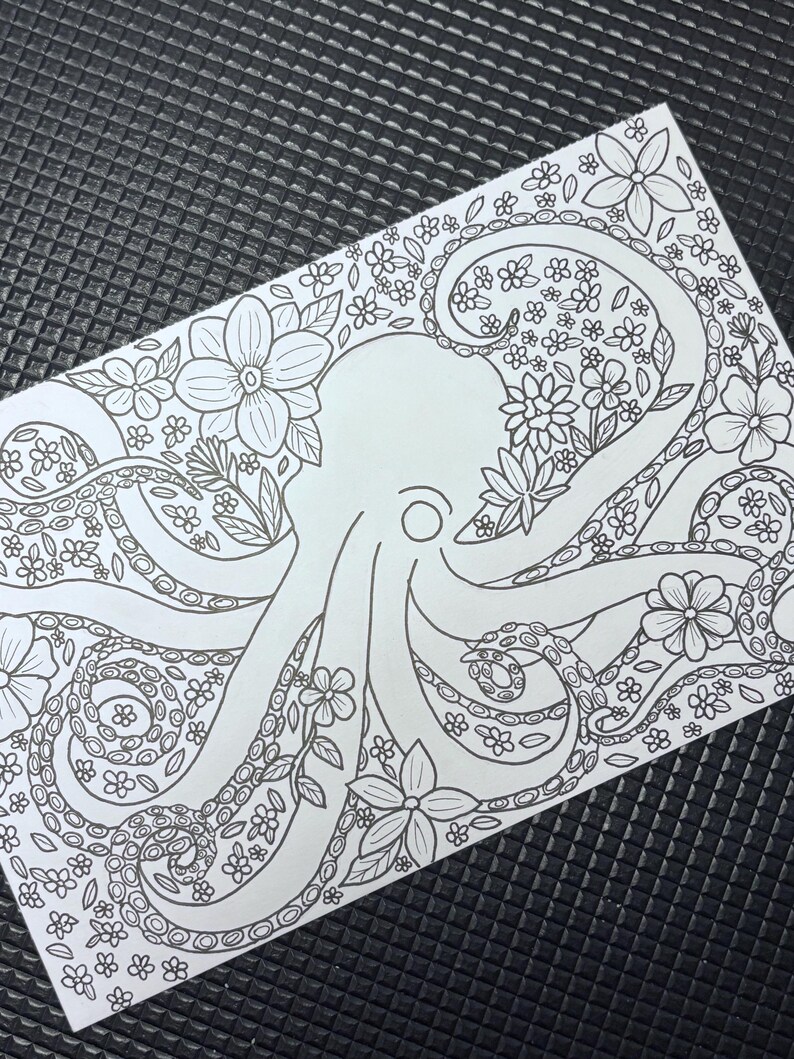 Octopus Coloring Page Floral Cherry Blossom Ocean Creature Sea Hand ...