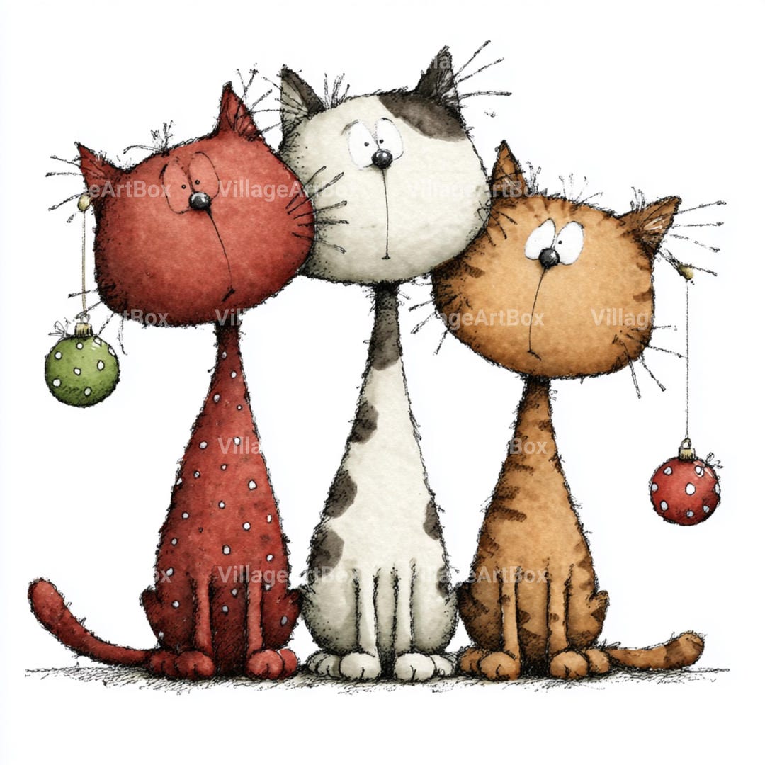 Watercolor Christmas Cats Clipart: Whimsical Holiday PNG Bundle ...