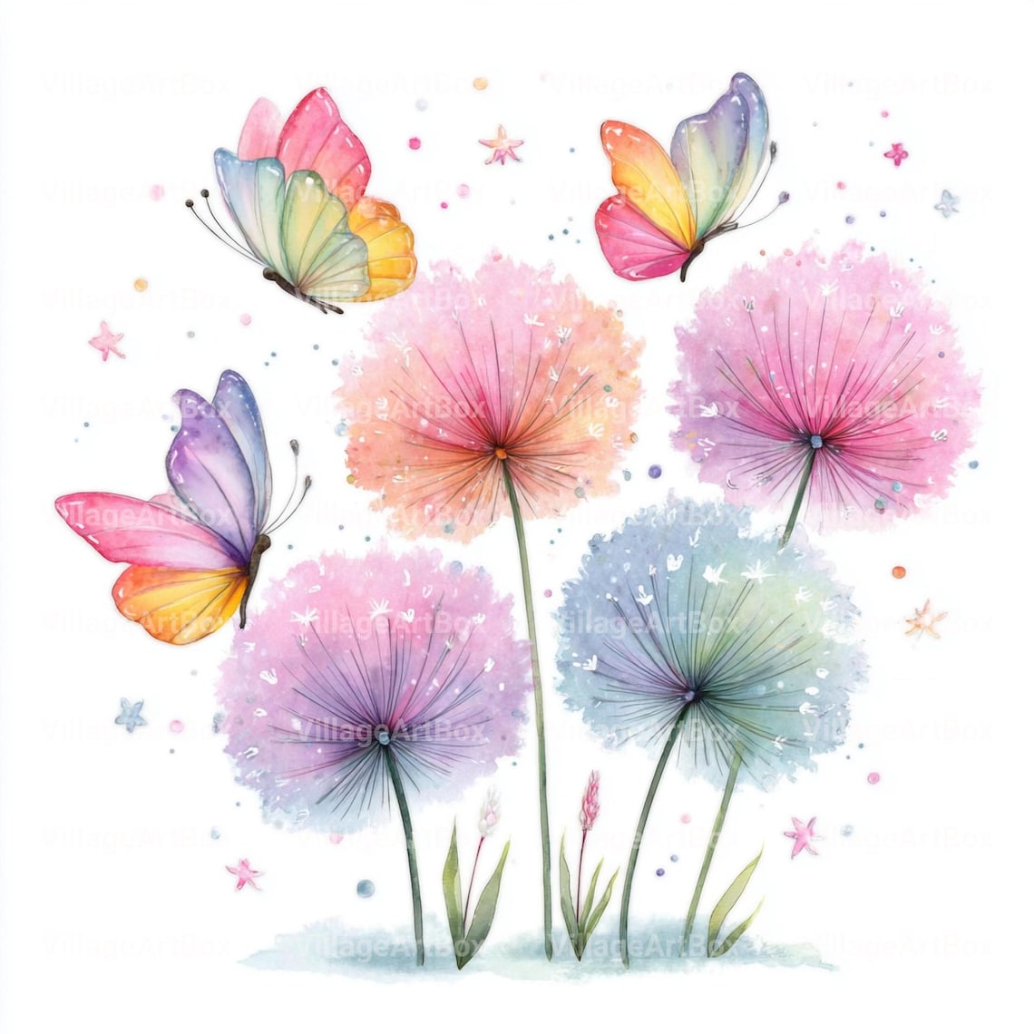 Pacchetto di 14 clipart di tarassaco e farfalla, arte floreale ad ...