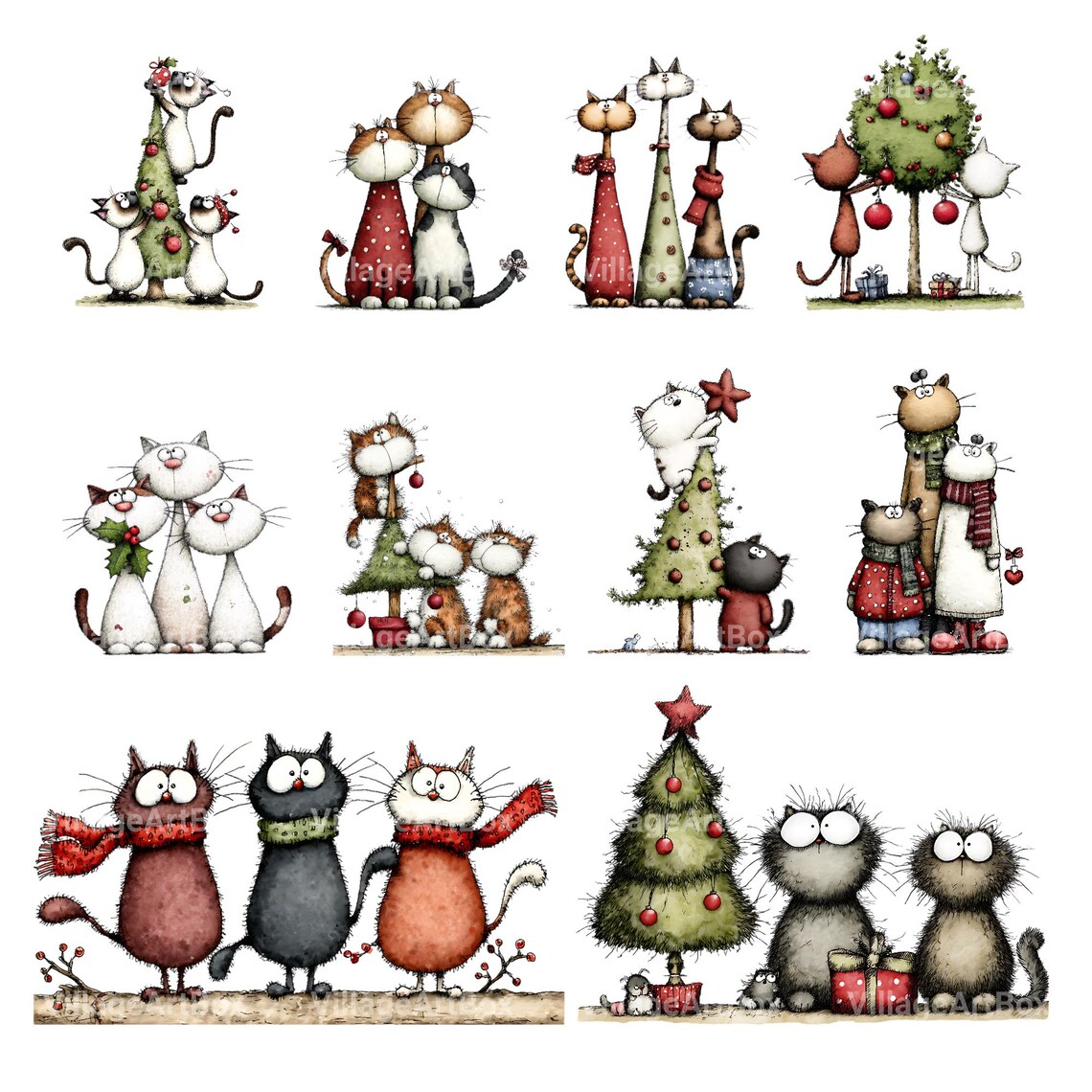 Watercolor Christmas Cats Clipart: Whimsical Holiday PNG Bundle ...