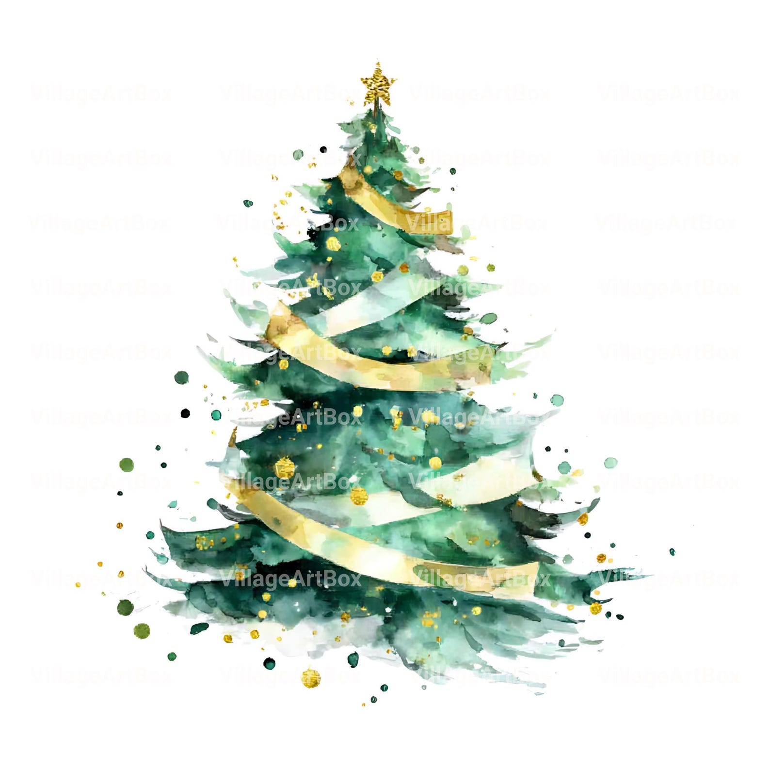 Watercolor Christmas Tree Clipart – Green & Gold Abstract Trees ...
