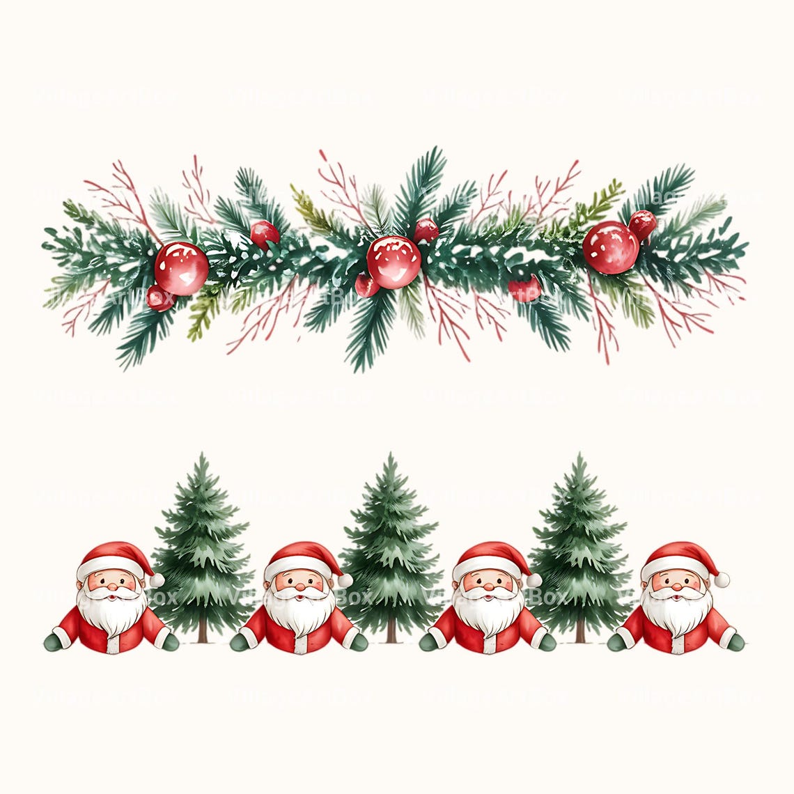 Watercolor Christmas Garland Borders Clipart: Pine & Ornaments (PNG ...