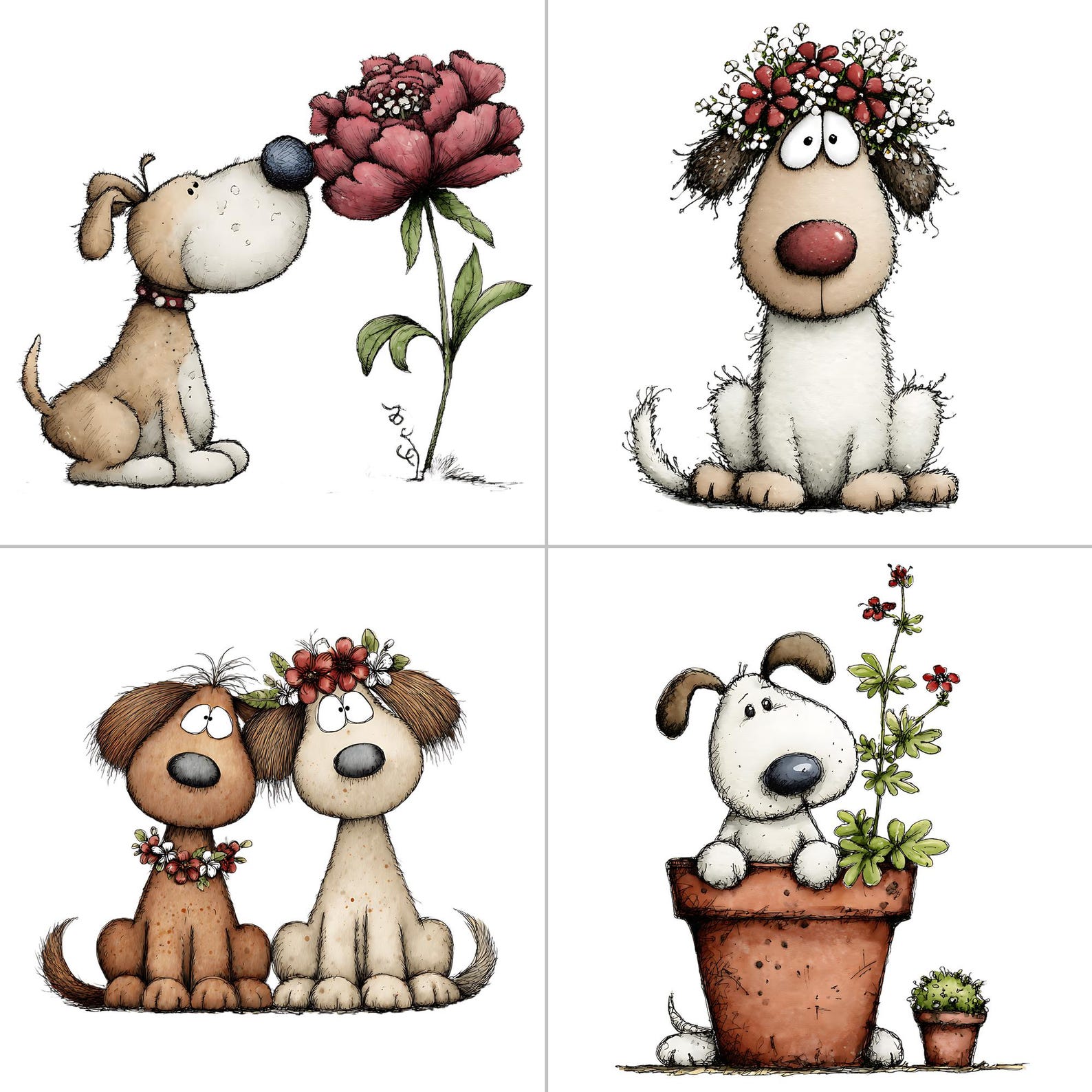 Whimsical Spring Dogs Clipart: Quirky Floral Puppies & Garden Friends ...