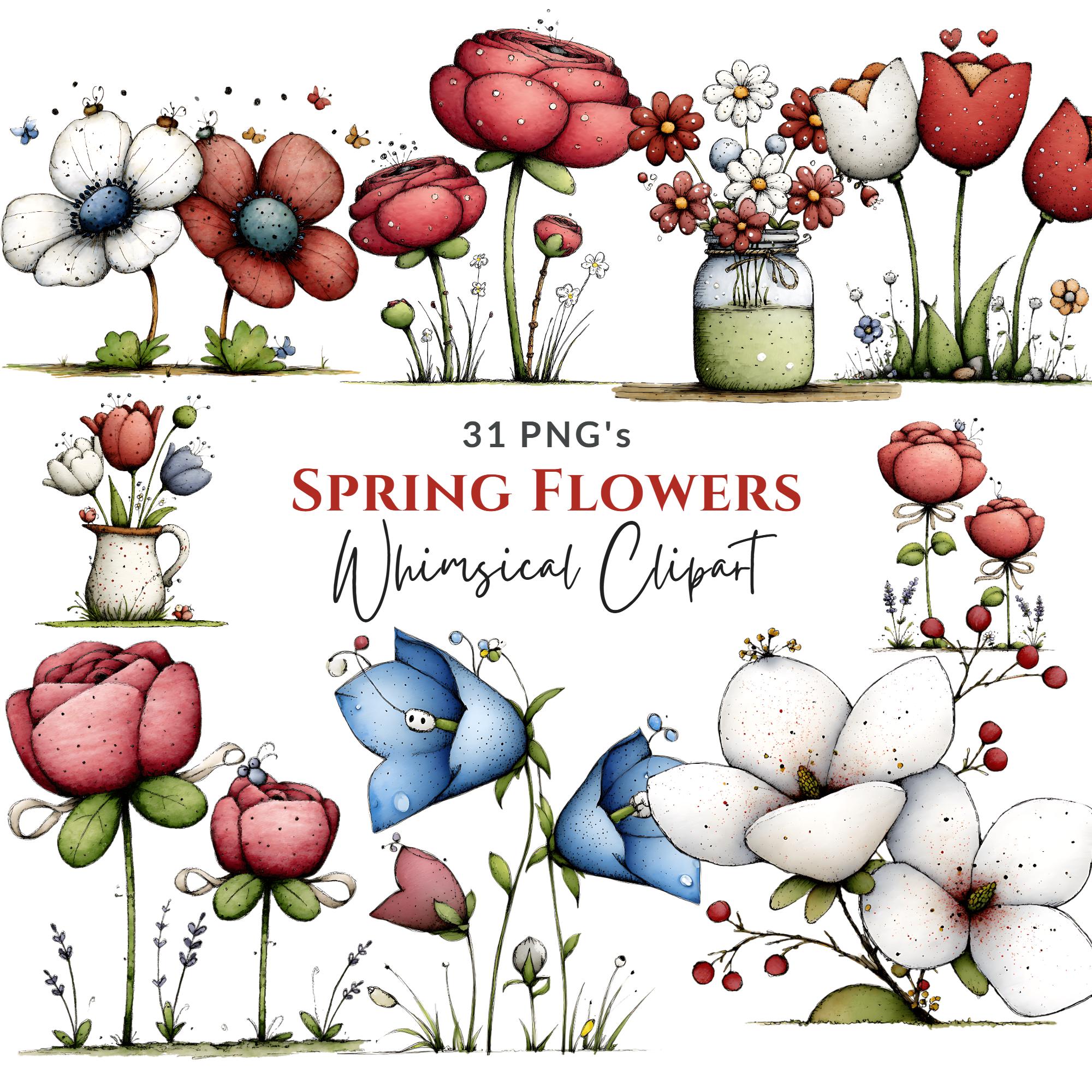 Whimsical Spring Flowers Clipart: Cute Wildflower Bouquets & Jars ...