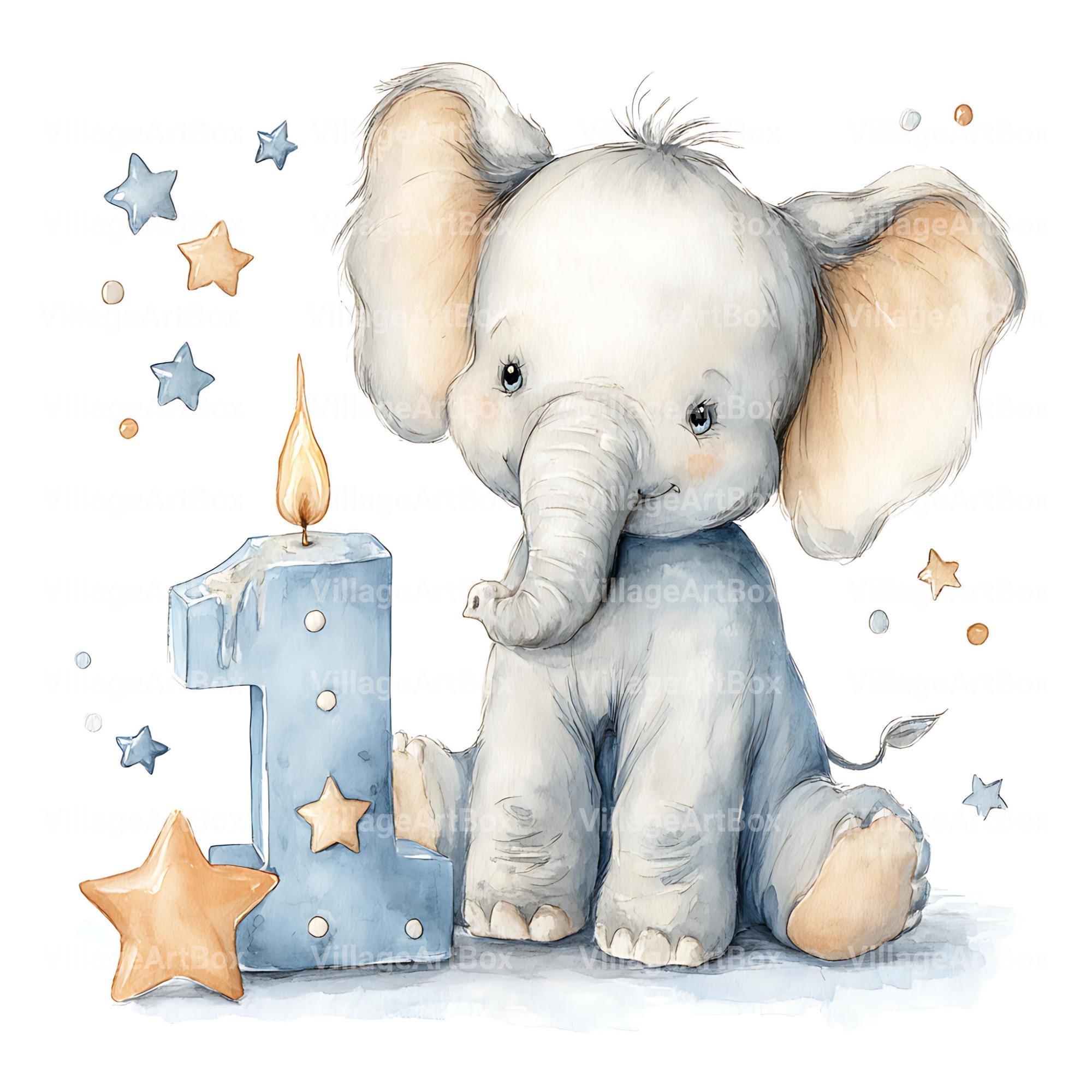 Baby Elephant Birthday Clipart | Blue Boy Numbers 1–3, Safari Nursery ...
