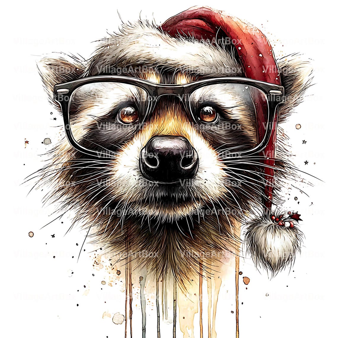 Watercolor Christmas Animals Clipart: Santa Hats, Glasses (instant ...