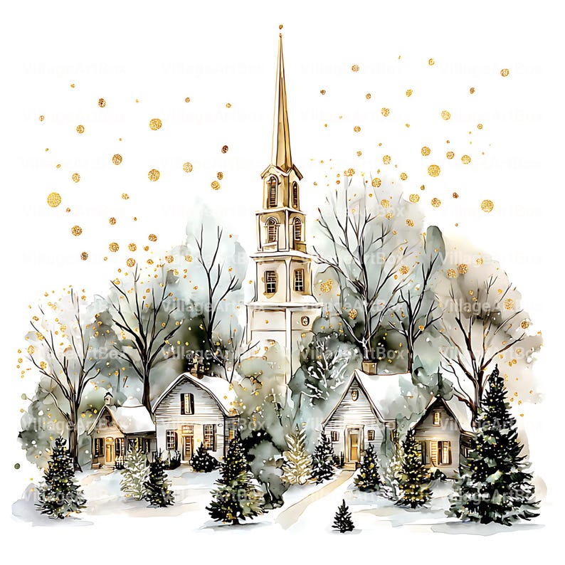 Christmas Village Watercolor Clipart: Holiday Town Scene (digital ...