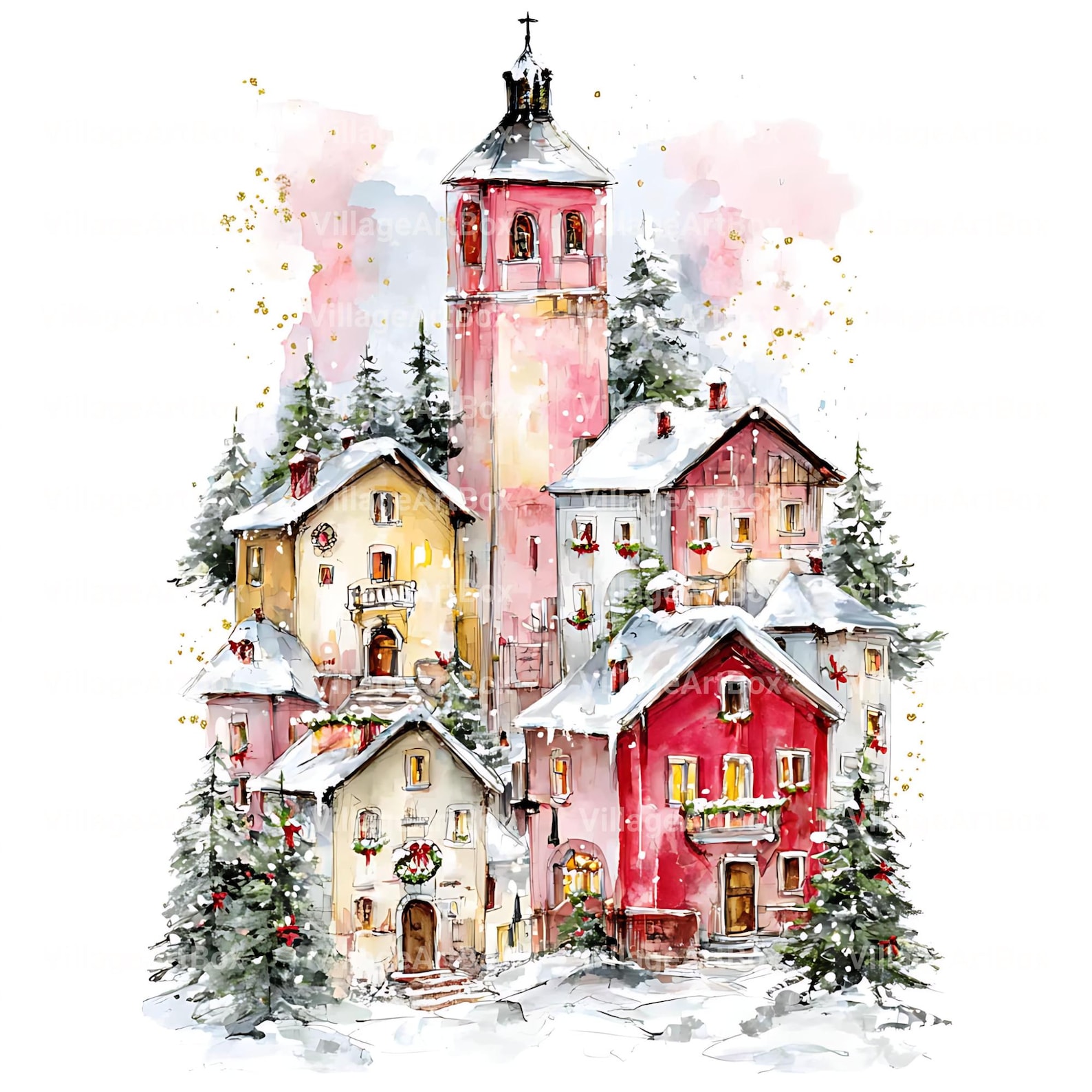 Christmas Village Watercolor Clipart: Printable Snowy Town Scenes ...