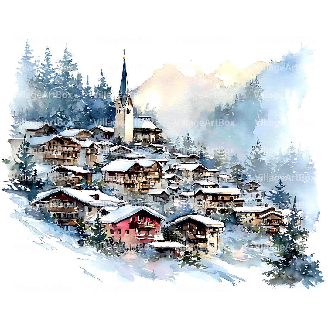 Watercolor Winter Village Clipart, European Snowy Town, Holiday ...