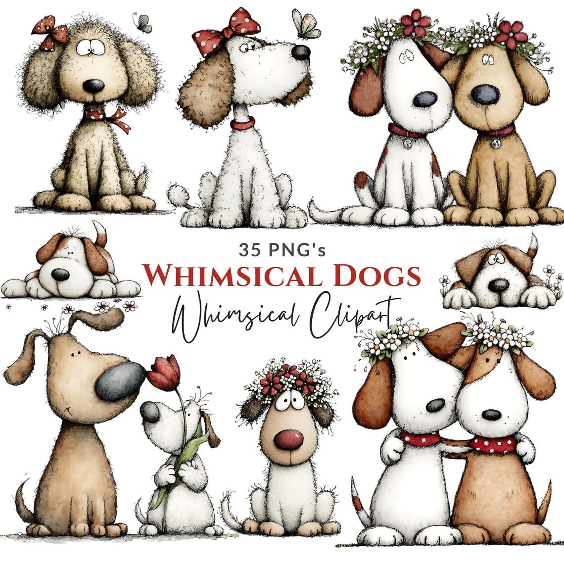 Whimsical Spring Dogs Clipart: Quirky Floral Puppies & Garden Friends ...
