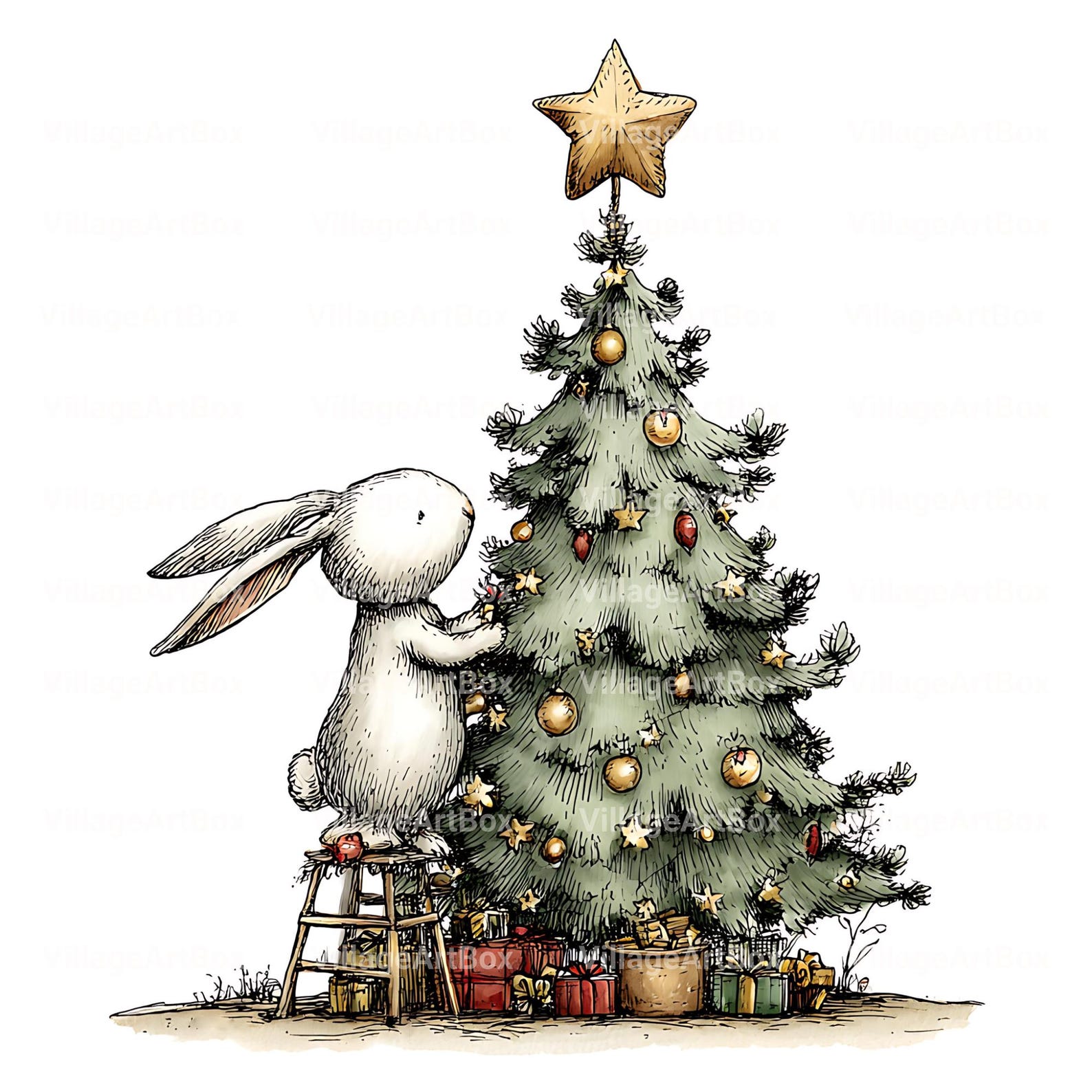 Watercolor Bunny Decorating Christmas Tree Clip Art, Christmas Rabbit ...