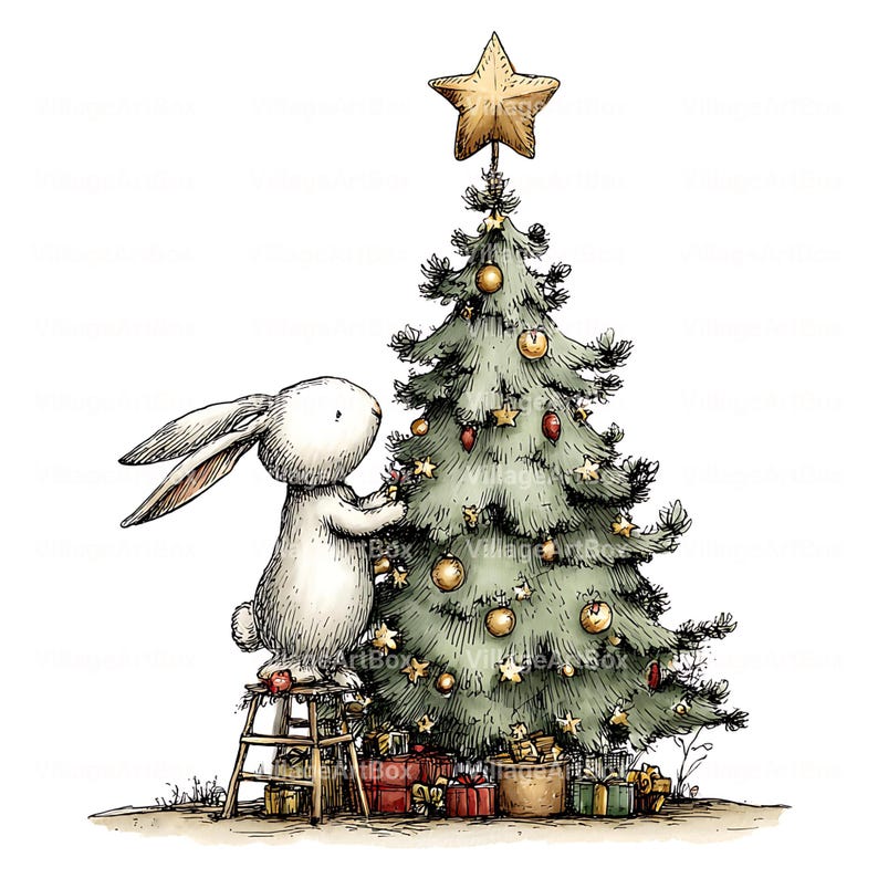 Watercolor Bunny Decorating Christmas Tree Clip Art, Christmas Rabbit ...