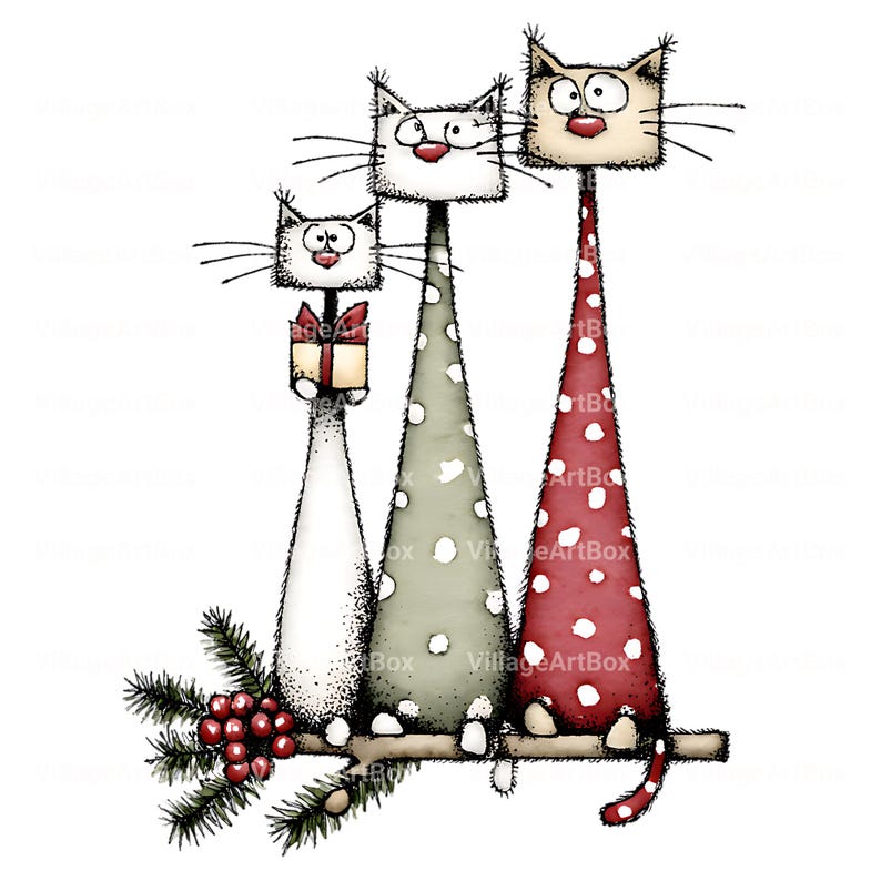 Watercolor Christmas Cats Clipart: Whimsical PNG Bundle (instant ...