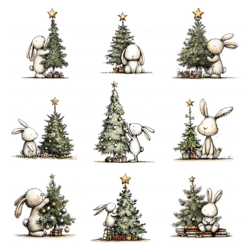 Watercolor Bunny Decorating Christmas Tree Clip Art, Christmas Rabbit ...
