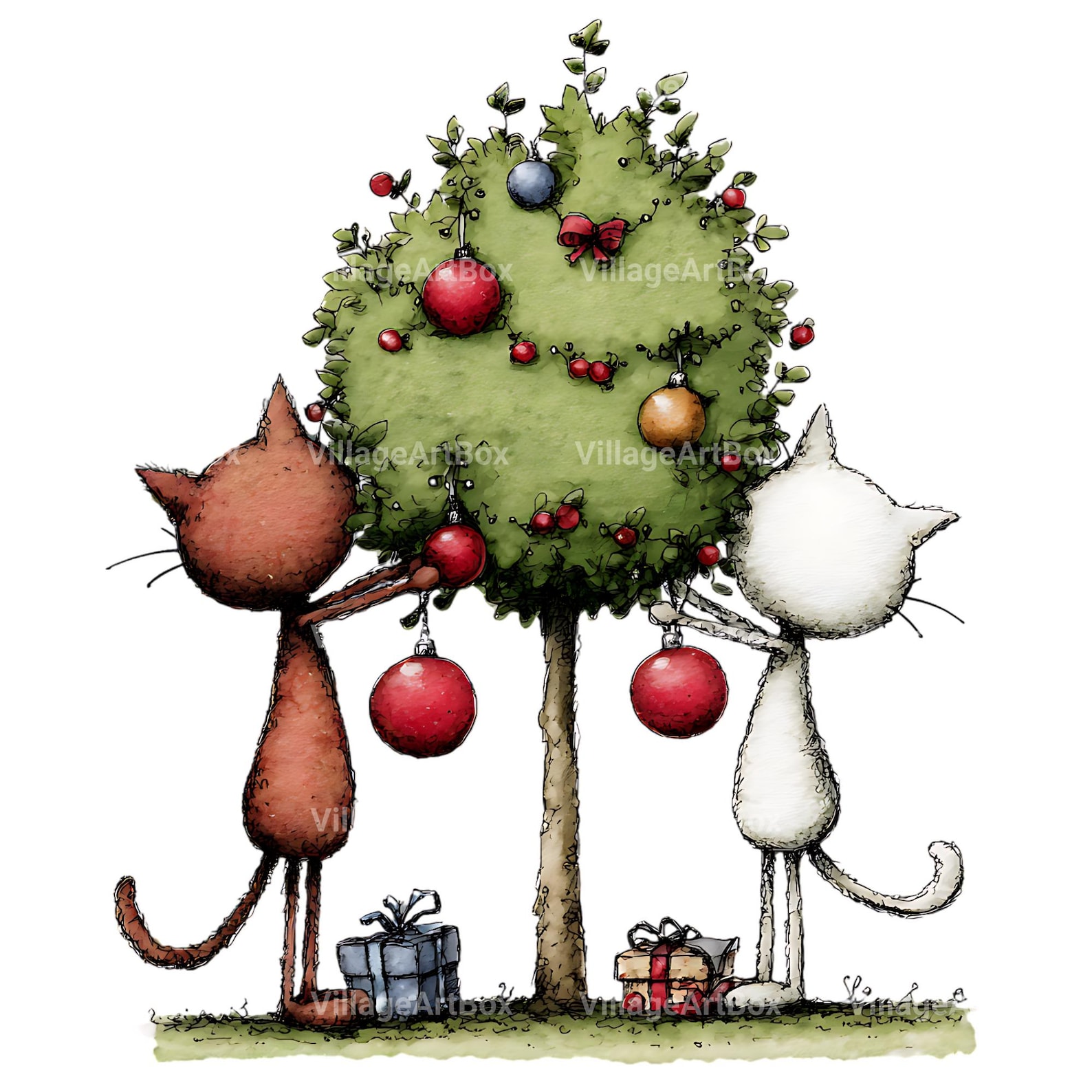 Watercolor Christmas Cats Clipart: Whimsical Holiday PNG Bundle ...