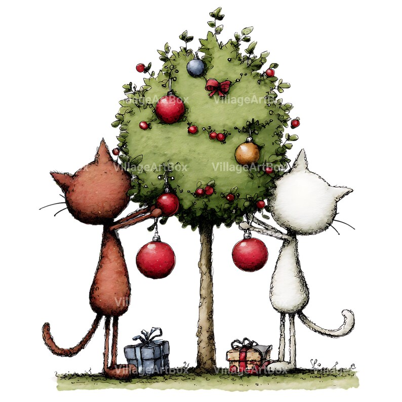 Watercolor Christmas Cats Clipart: Whimsical Holiday PNG Bundle ...