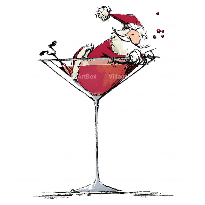 Funny Santa Cocktail Clipart: Retro Christmas Line Art (digital ...