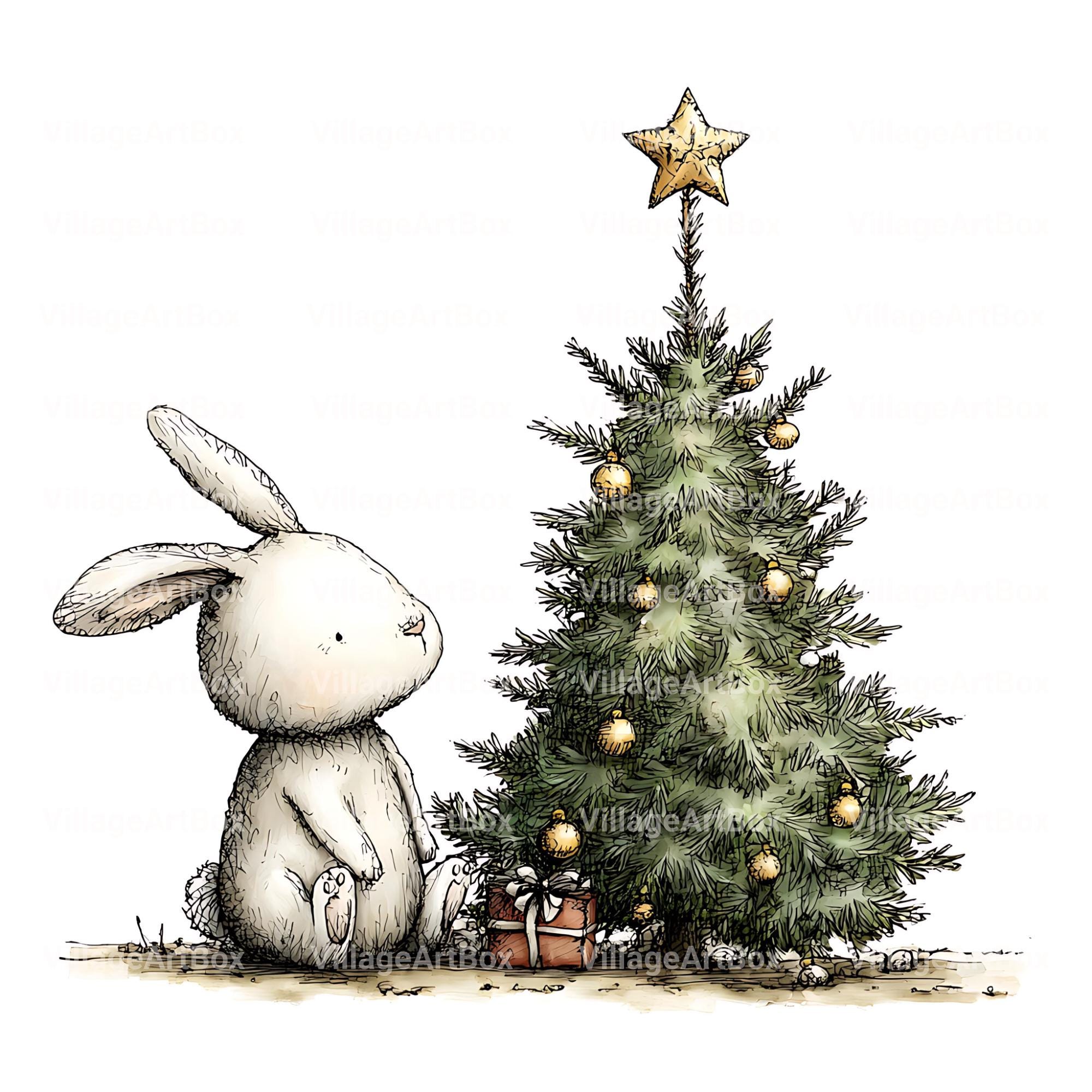 Watercolor Bunny Decorating Christmas Tree Clip Art, Christmas Rabbit ...