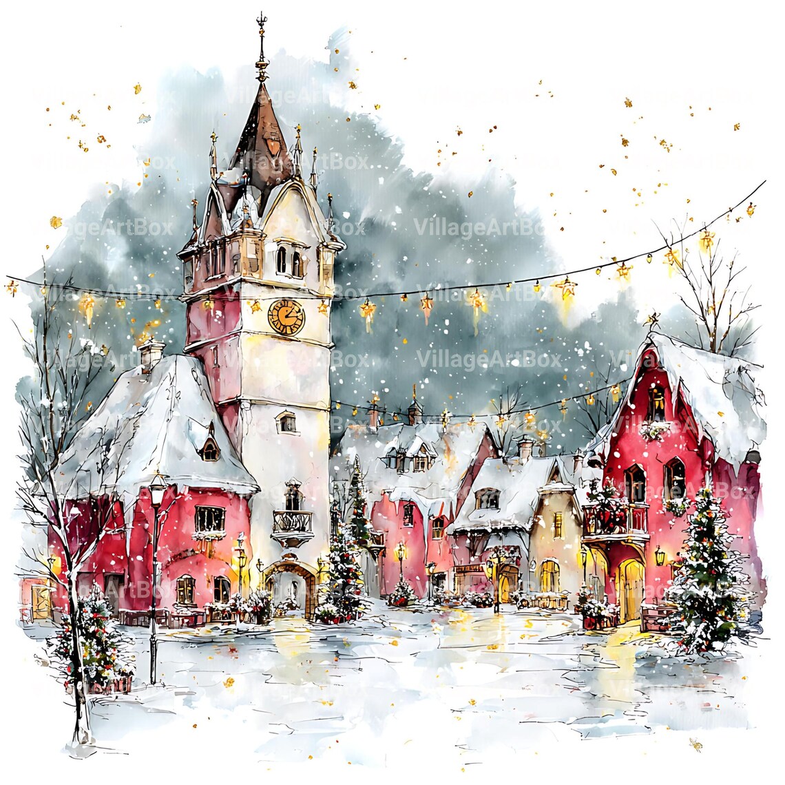 Christmas Village Watercolor Clipart: Printable Snowy Town Scenes ...