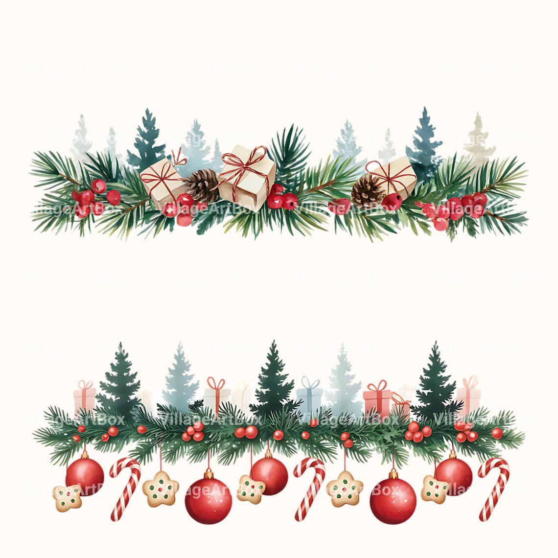 Watercolor Christmas Garland Borders Clipart: Pine & Ornaments (PNG ...