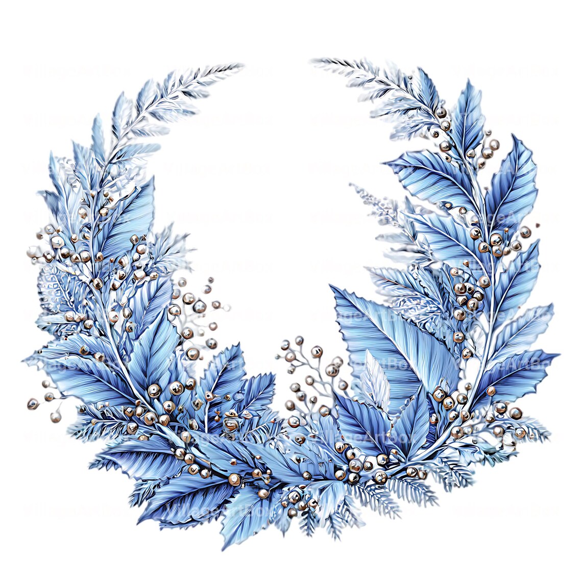 Blue Christmas Wreaths Clipart: Watercolor Winter Foliage PNG (instant ...