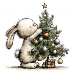 Watercolor Bunny Decorating Christmas Tree Clip Art, Christmas Rabbit ...