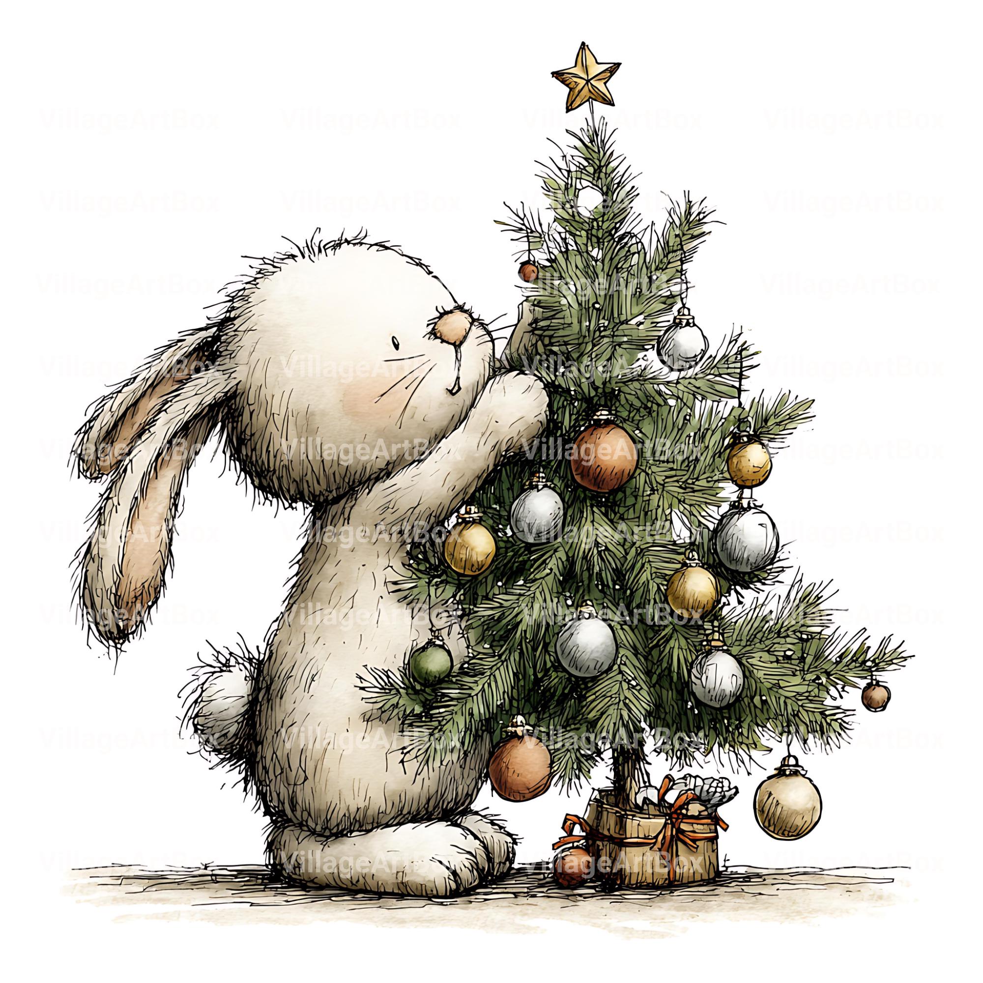Watercolor Bunny Decorating Christmas Tree Clip Art, Christmas Rabbit ...